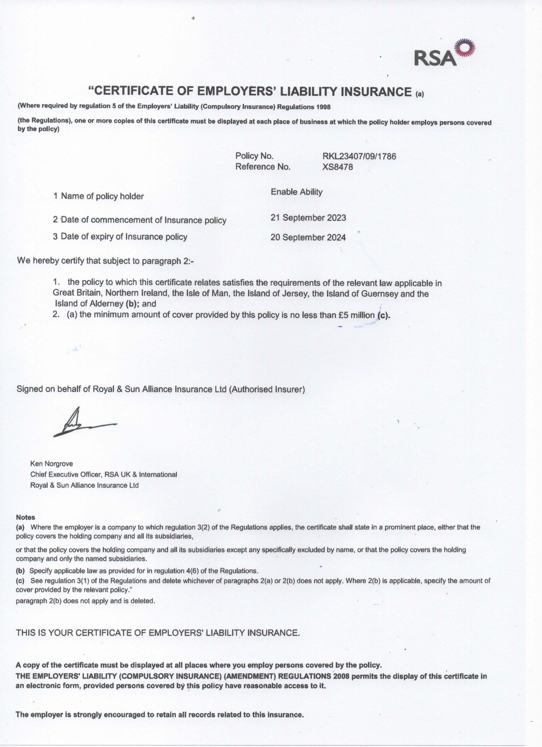 Employer and Public Liability Insurance Certificates - Enable Ability